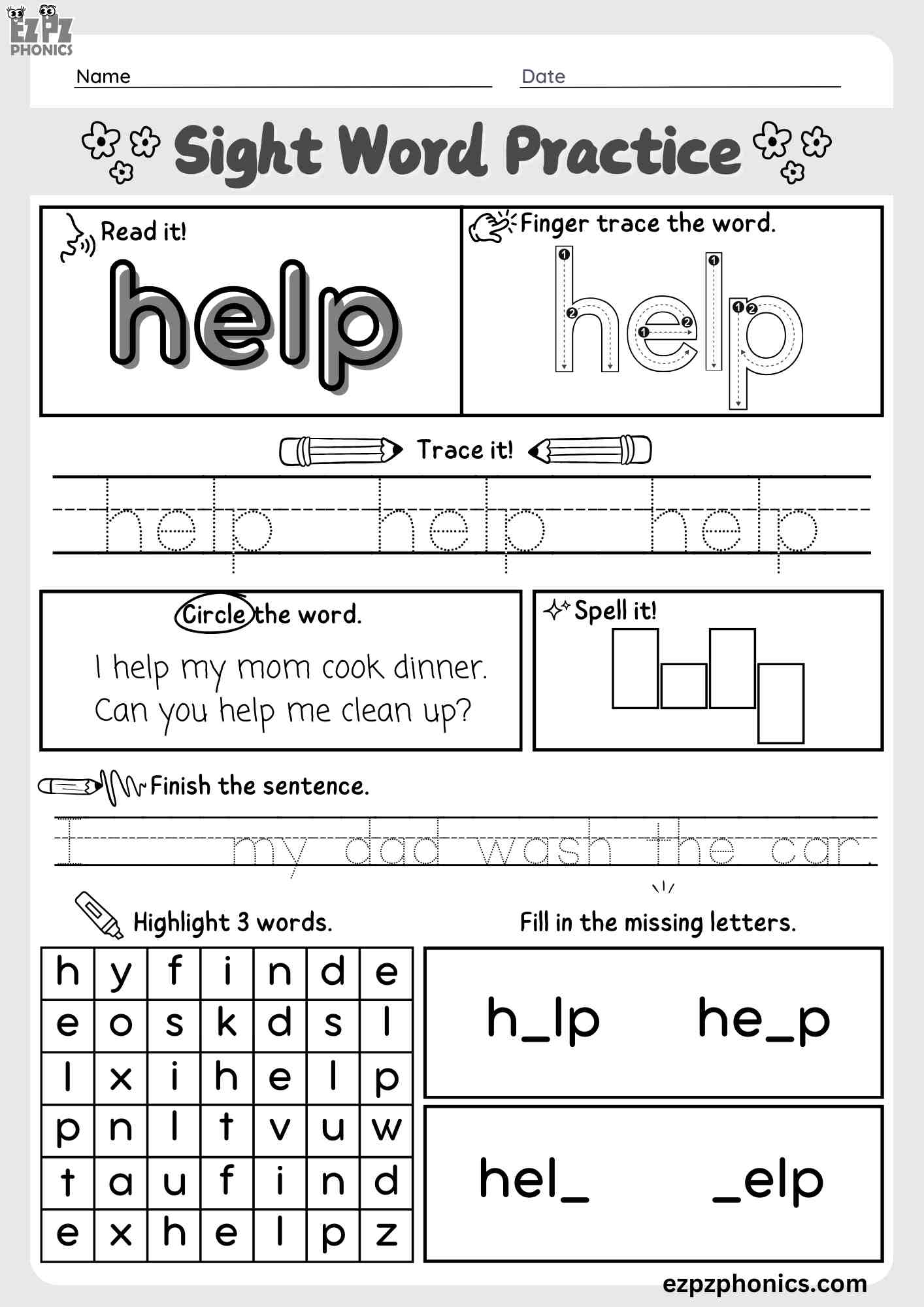 The Word "Help" Dolch Sight Word Worksheet Activity for Pre-Kindergarten and Kindergarten ...